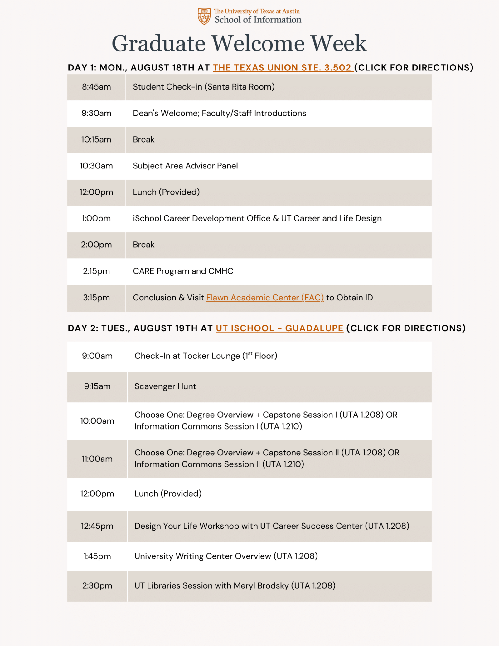 Grad Welcome Week - Texas Today: UT Events & Announcements Calendar